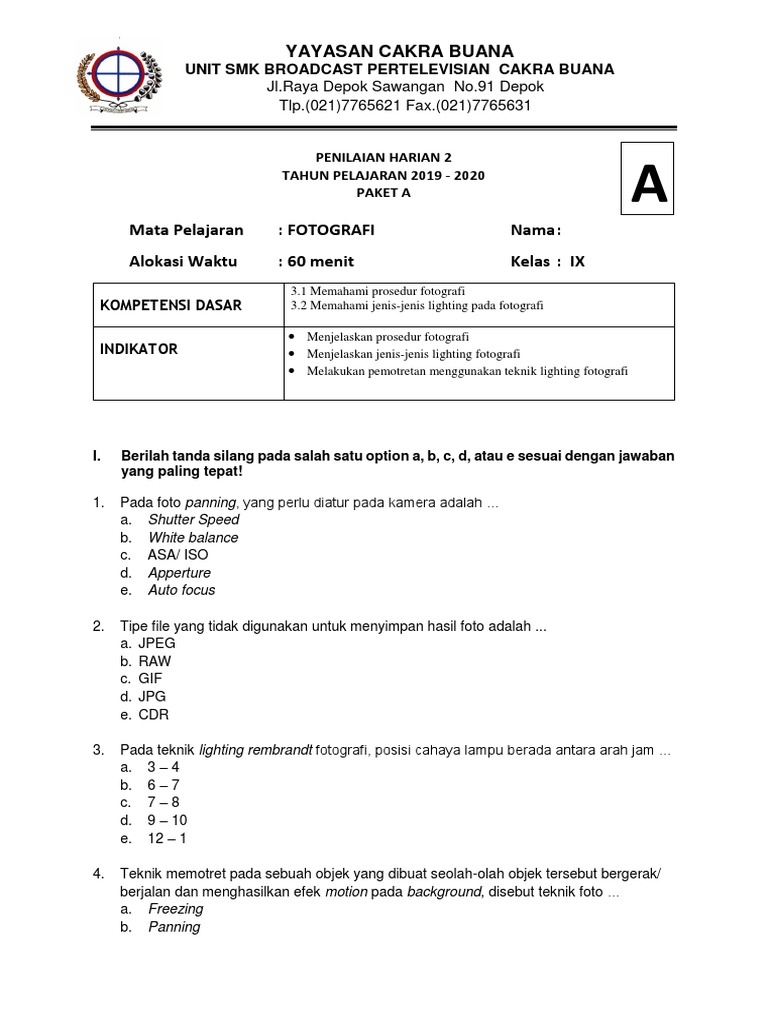 Soal Fotografi Ph2 Kelas 12 Paket A | PDF