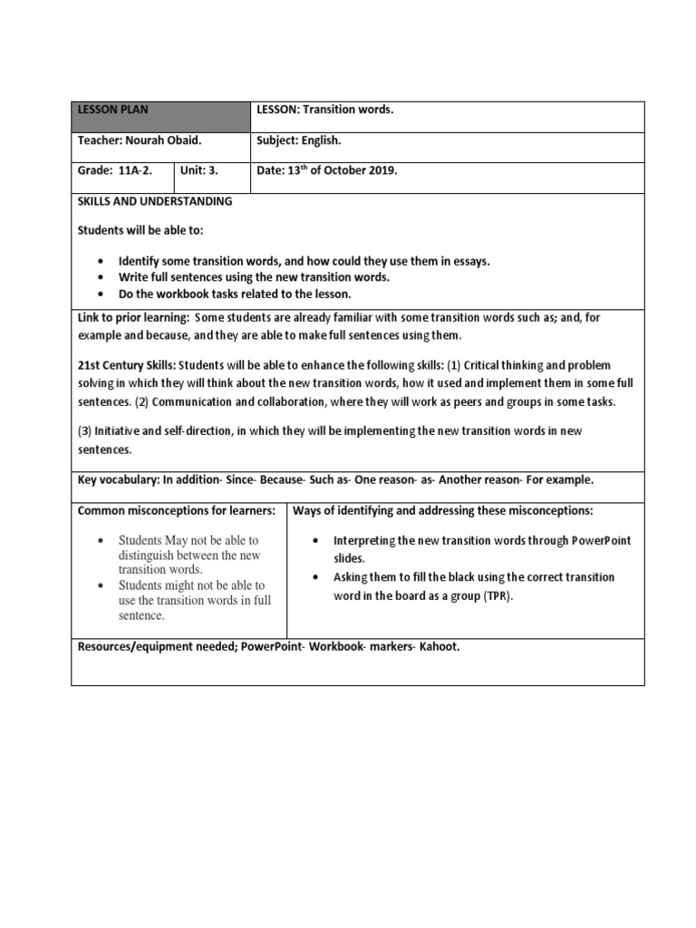 Lesson Plan2 - Transition Words | PDF | Lesson Plan | Neuropsychology