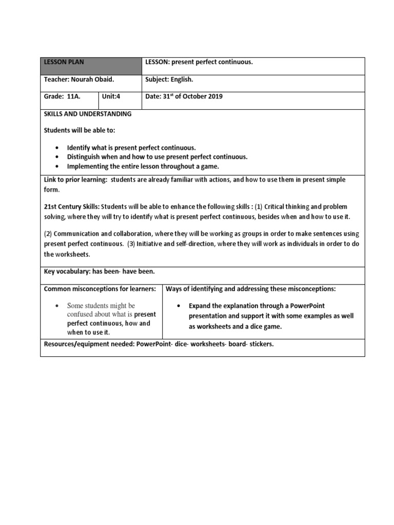 Present Perfect Continuous Lesson Plan | PDF | Lesson Plan | Behavior ...