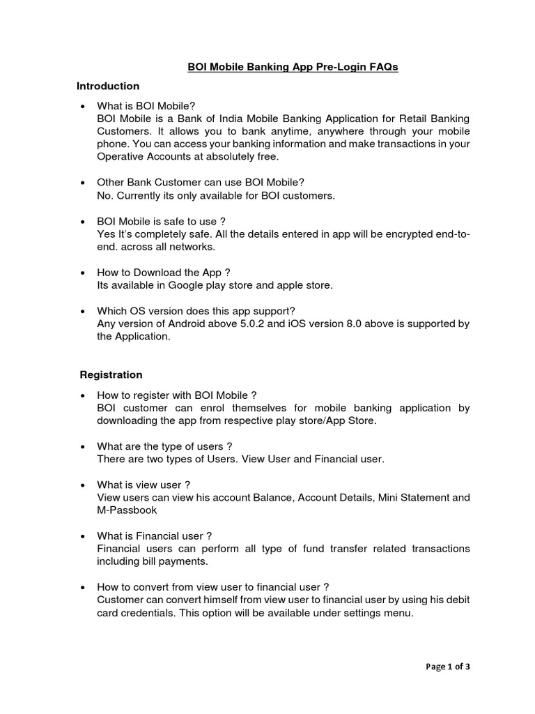 BOI Mobile Banking Pre Login FAQs PDF | PDF | Mobile App | Google Play