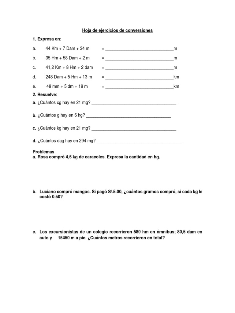Hoja de Ejercicios de Conversiones | PDF | Nutrientes | Moléculas