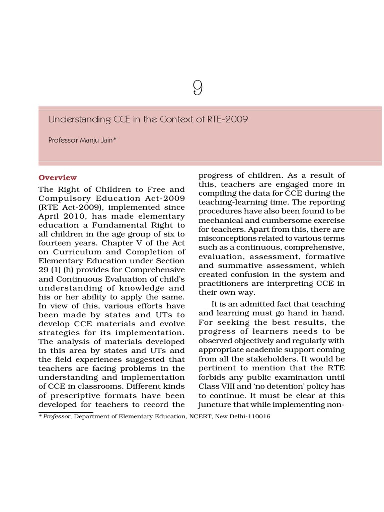 Understanding Cce in The Context of Rte 2009 | PDF | Educational Assessment | Learning