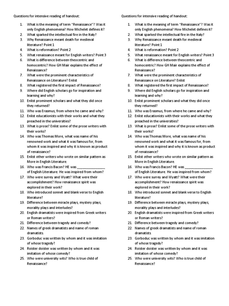 Renaissance Questions For Intensive Reading of Handout | PDF | English ...