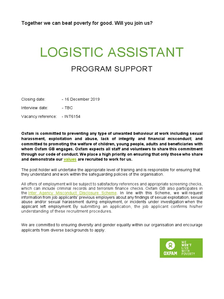 Job Profile Logistic Assistant 2019 | PDF | Oxfam | Self Awareness