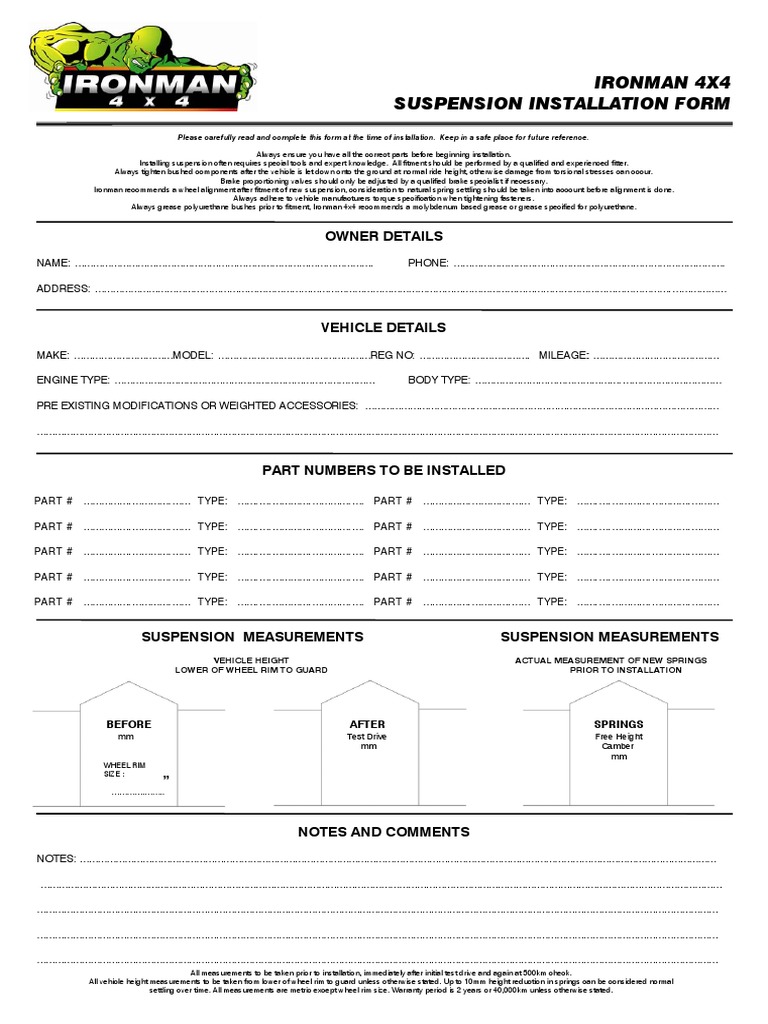 Ironman Suspension Installation Form | PDF | Wheel | Car