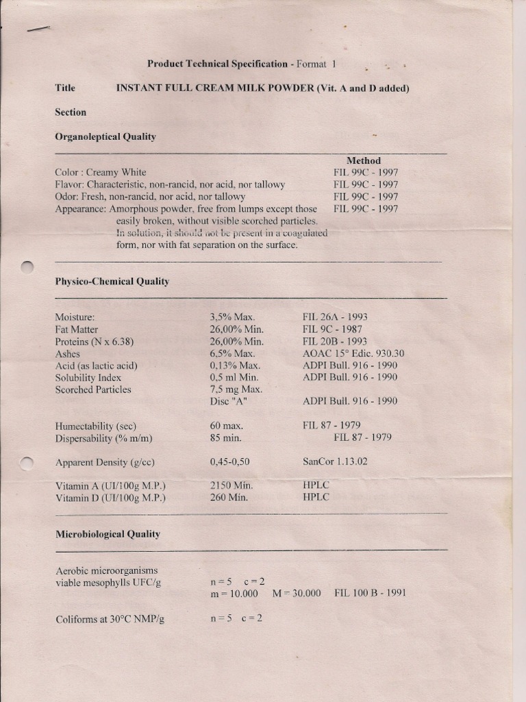 Instant Full Cream Milk Powder Technical Specifications | PDF ...
