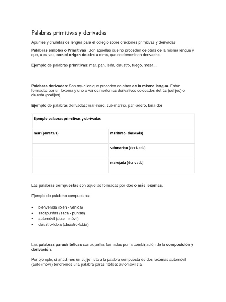 Palabras Primitivas y Derivadas | PDF | Palabra | latín