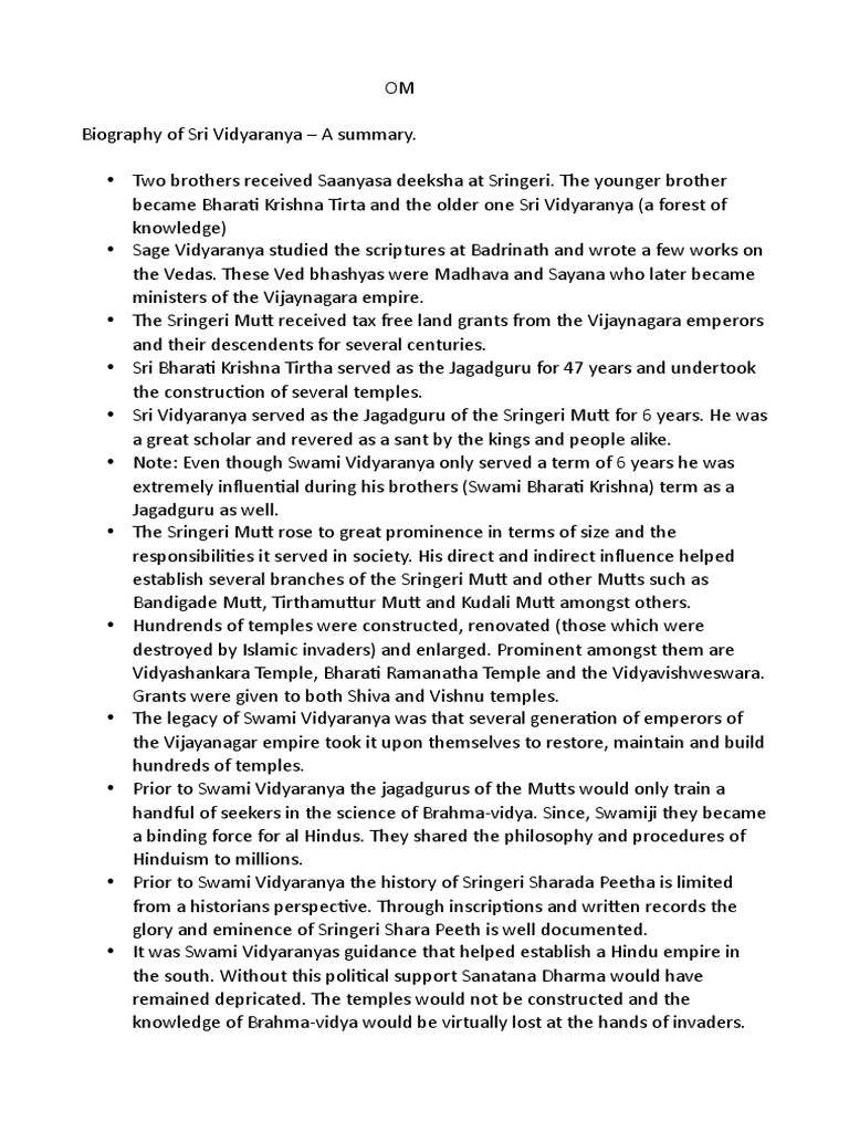 Biography of Swami Vidyaranya - Summary | PDF | Hindu Philosophy ...