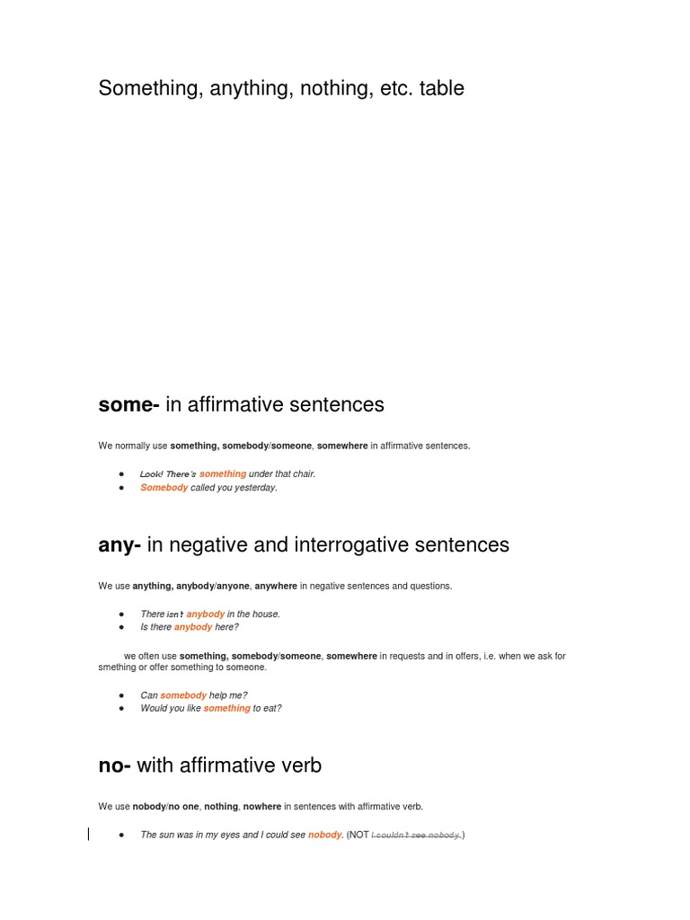 Something, Anything, Nothing, Etc. Table | PDF
