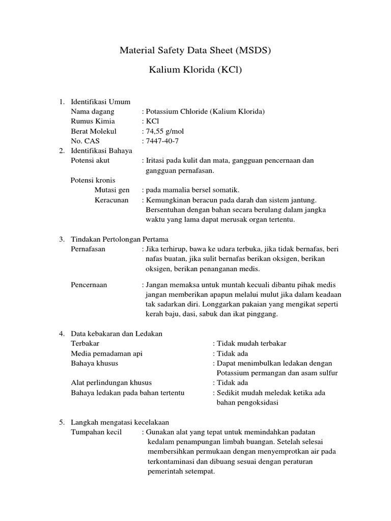 MSDS Kalium Klorida (KCl) | PDF