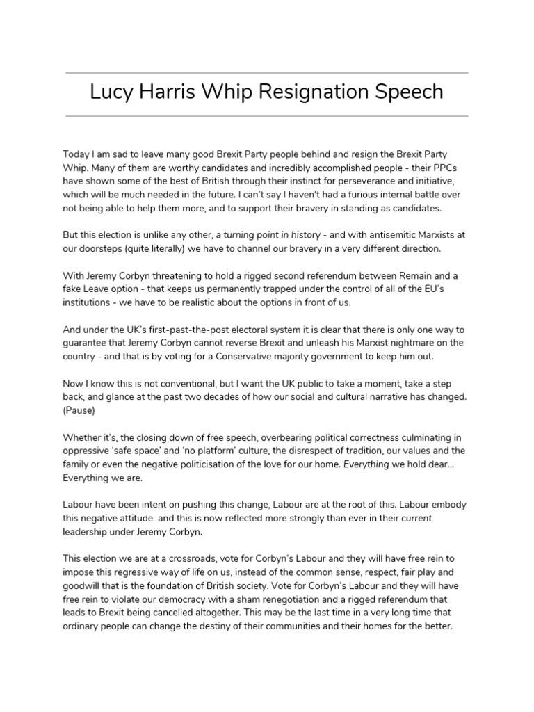 Lucy Harris Whip Resignation Speech | PDF | Brexit | Public Sphere