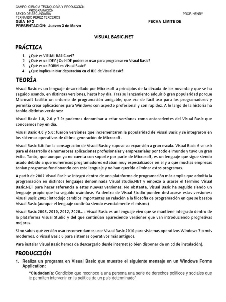 Guia 2 - Introducción A Visual Basic | PDF | Básico | Entorno de desarrollo integrado