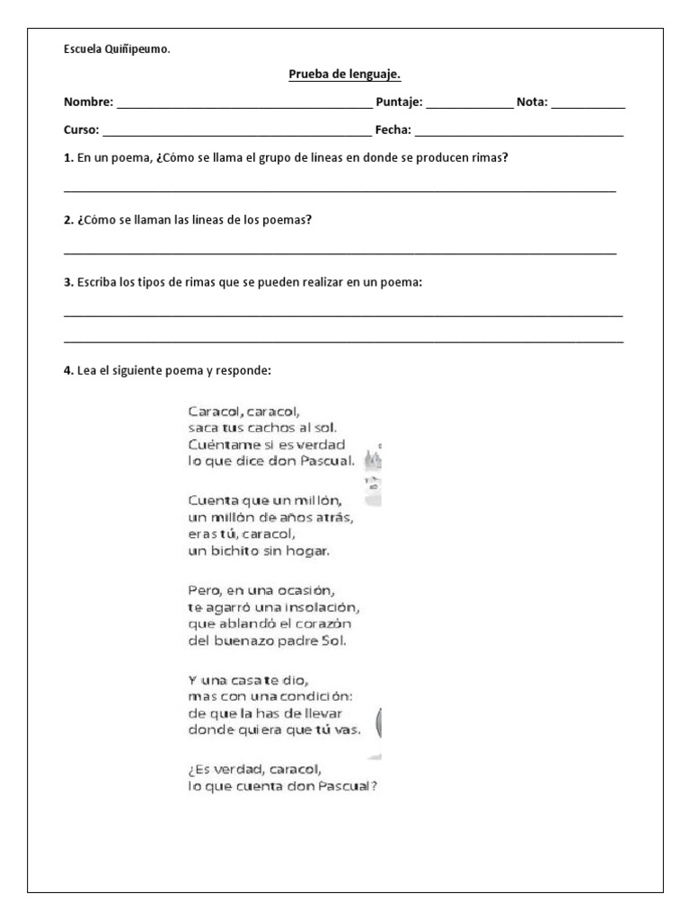 Prueba de Lenguaje Poemaas y Rimas | PDF | Rima | Poesía