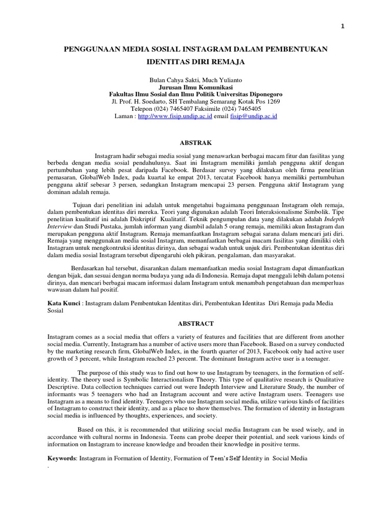 Penggunaan Media Sosial Instagram Dalam Pembentukan Identitas Diri Remaja | PDF