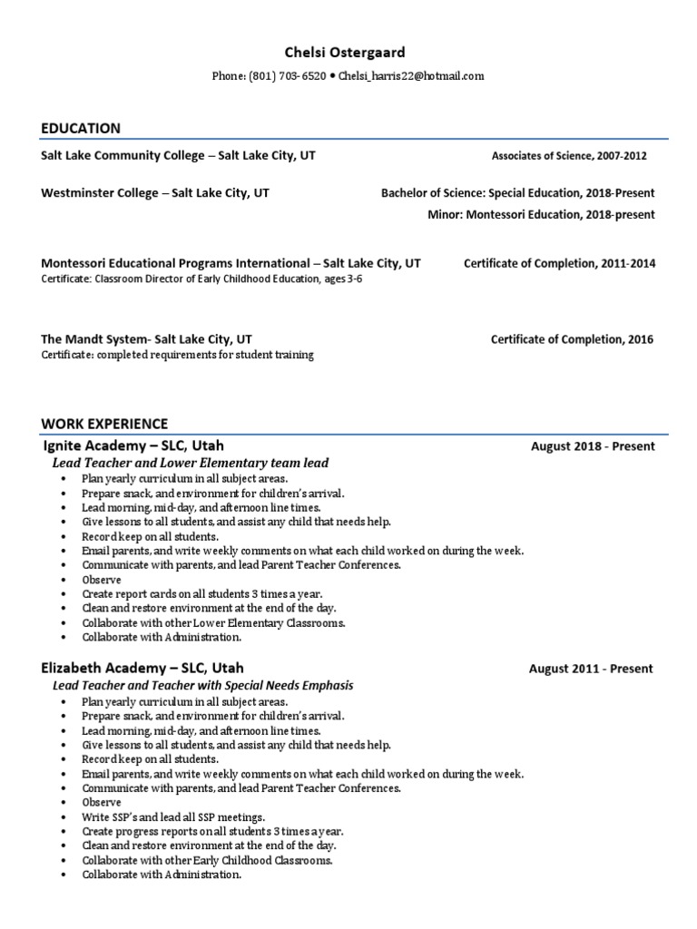 Chelsi Harris Resume Without Credential | PDF | Montessori Education ...