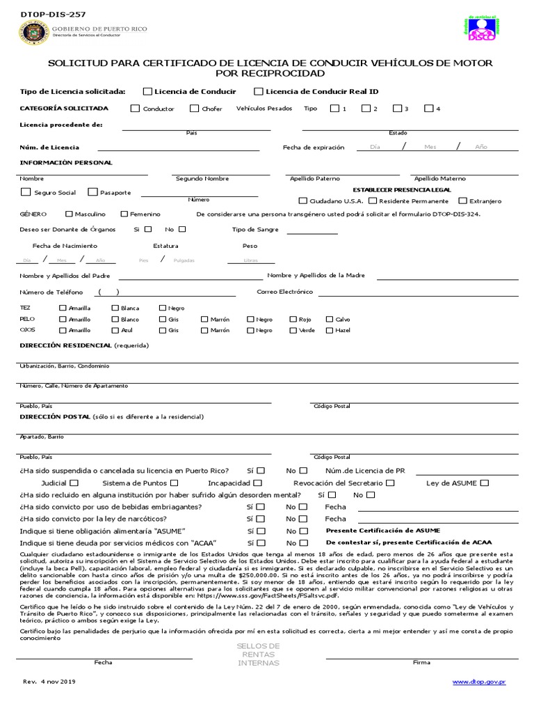 Solicitud de Licencia por Reciprocidad | PDF | Licencia de conducir ...