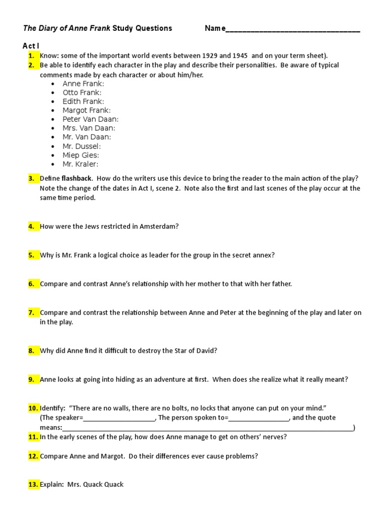 Diary of Anne Frank Study Questions | PDF | Anne Frank