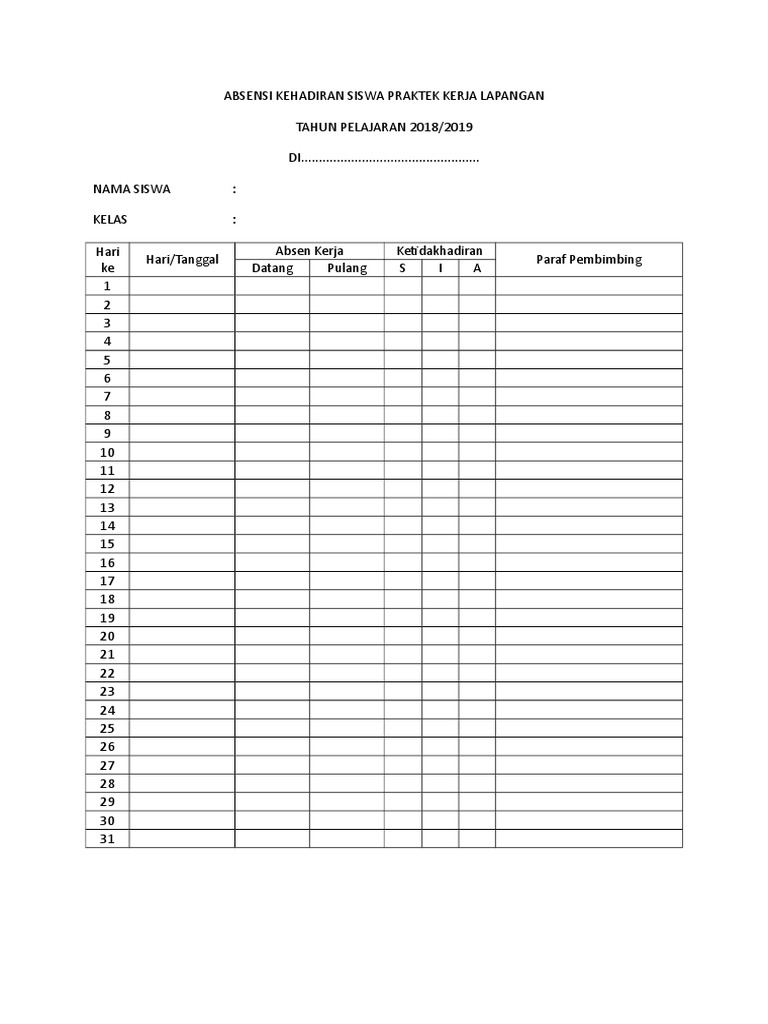 Absensi Kehadiran Siswa Praktek Kerja Lapangan | PDF