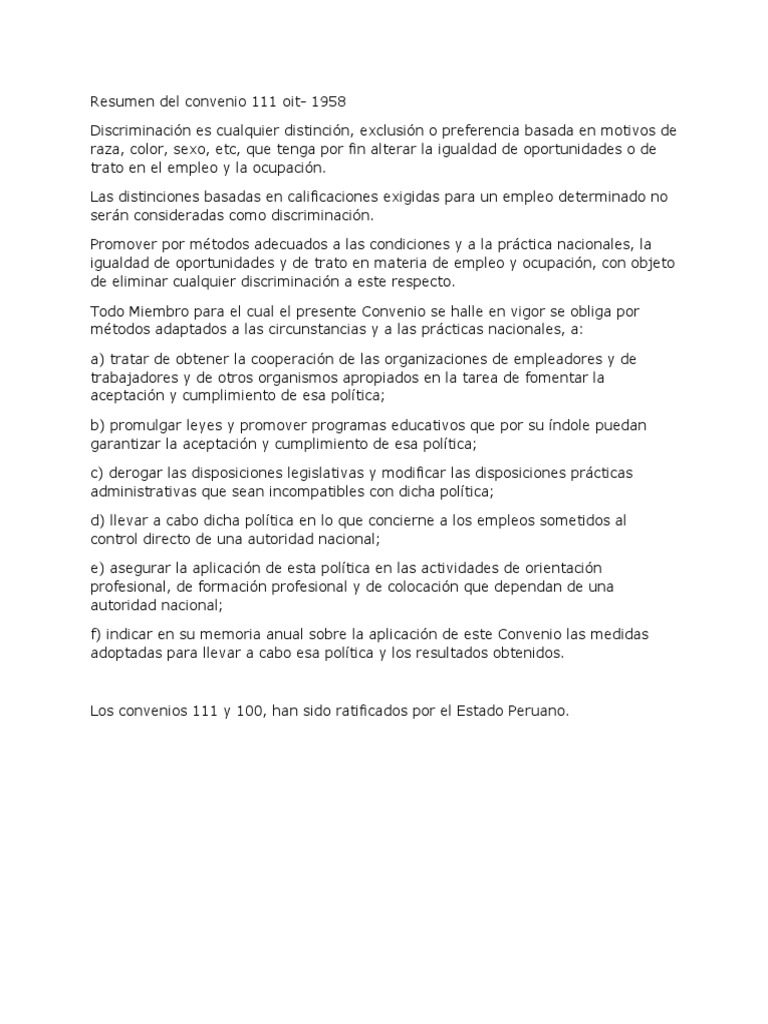 Resumen Del Convenio 111 Oit | PDF