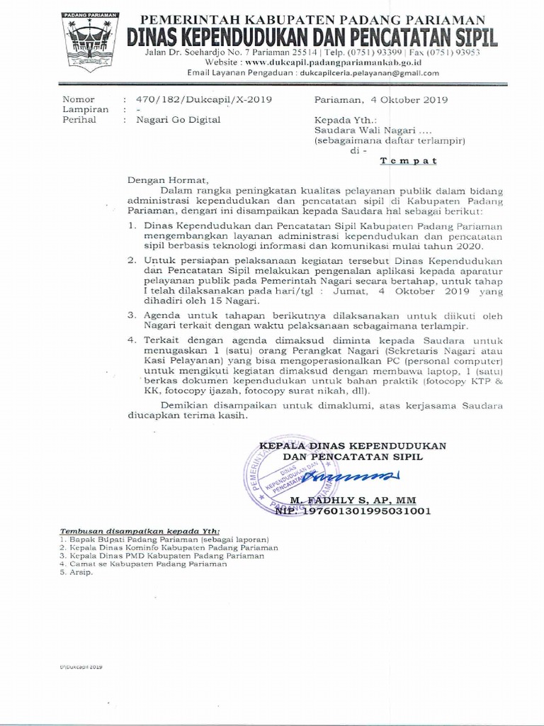 Surat Dukcapil 2019 - Nagari Go Digital PDF | PDF