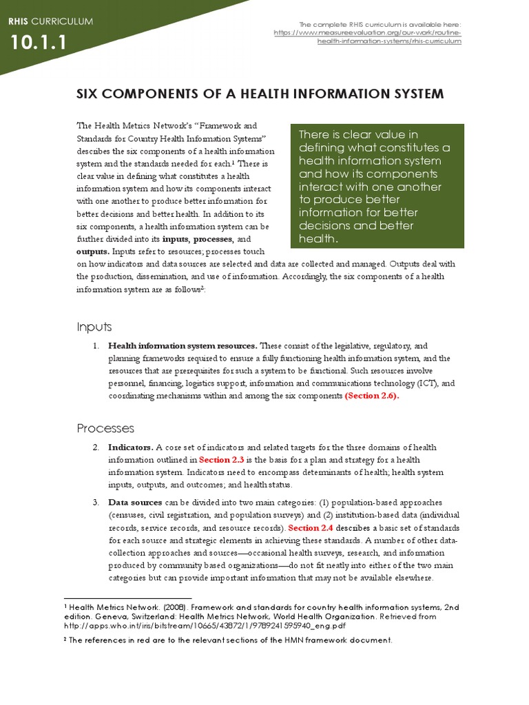 Handout 10.1.1. The Six Components of A Health Information System | PDF ...