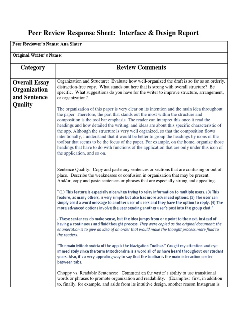 Peer Review Response Sheets | PDF | Paragraph | Writers