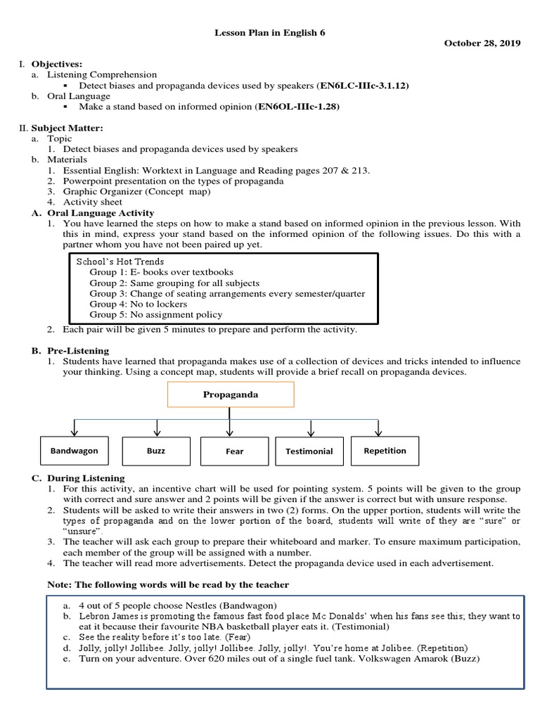 3rd-Quarter in Lesson Plan in English 6 | PDF | Propaganda | Lesson Plan