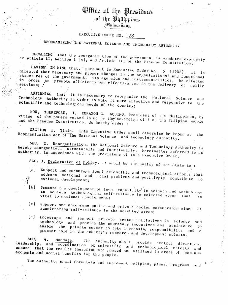 Executive Order No.128 Reorganizing The National Science and Technology ...