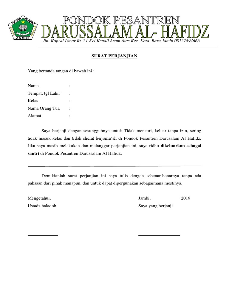 Surat Perjanjian Santri PONDOK | PDF