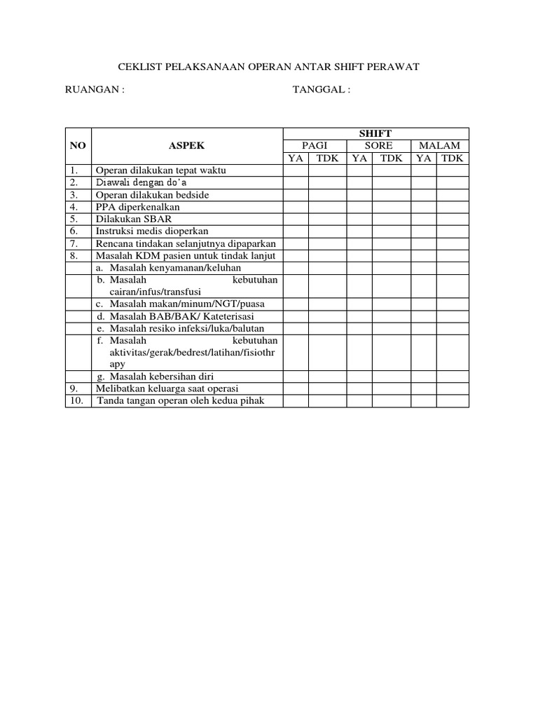 Ceklist Pelaksanaan Operan Antar Shift Perawat | PDF