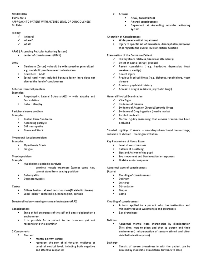 Approach To Patient With Altered Sensorium | PDF | Coma | Consciousness