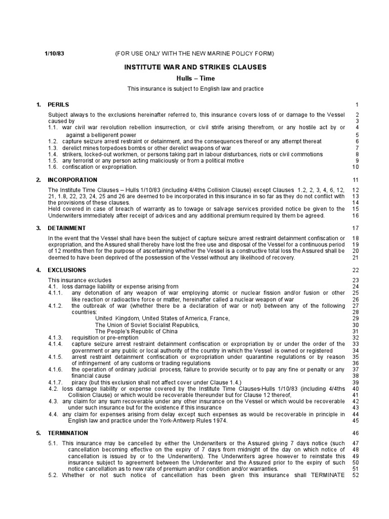 Institute War & Strikes Clauses 1.10.83 - CL. 281 | PDF | Nuclear ...