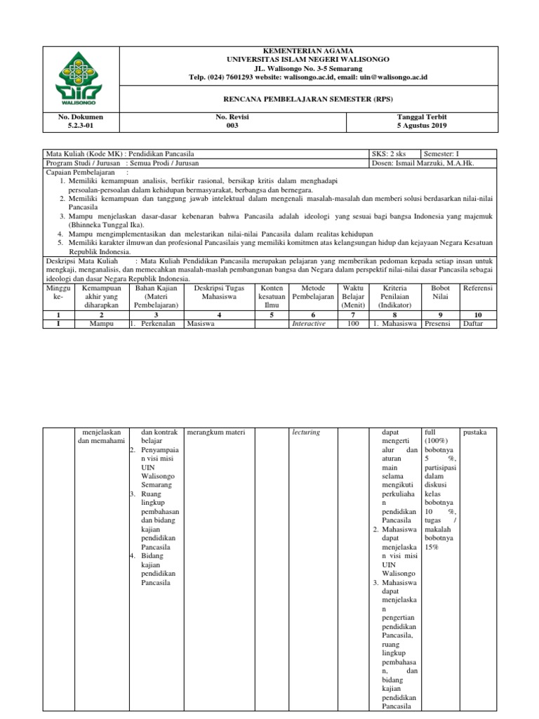 RPS Pendidikan Pancasila Terbaru 2019 PDF | PDF