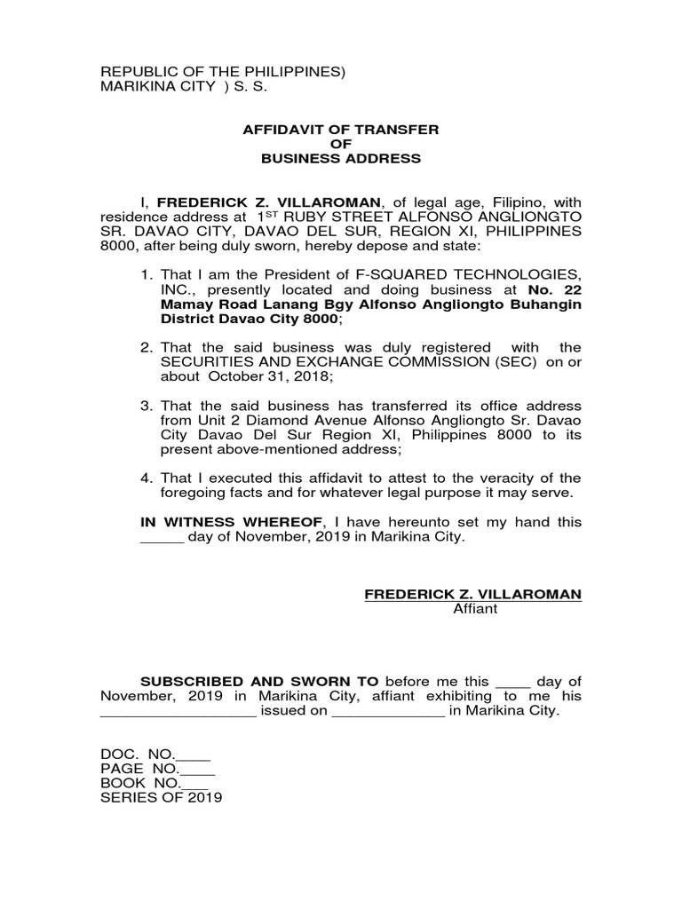 Affidavit of Change of Business Address | PDF