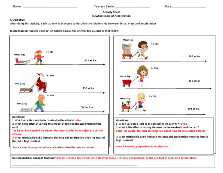 Activity Sheet On Acceleration | PDF | Force | Mass