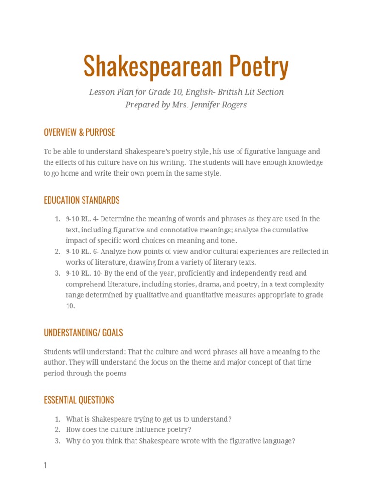 Shakespeare Lesson Plan | PDF | Poetry | Lesson Plan