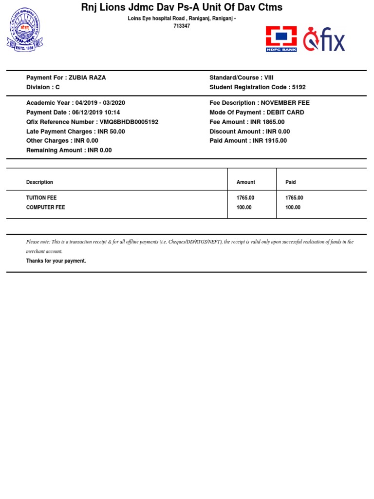 Qfix Payment Receipt Vmq8bhdb0005192 | PDF