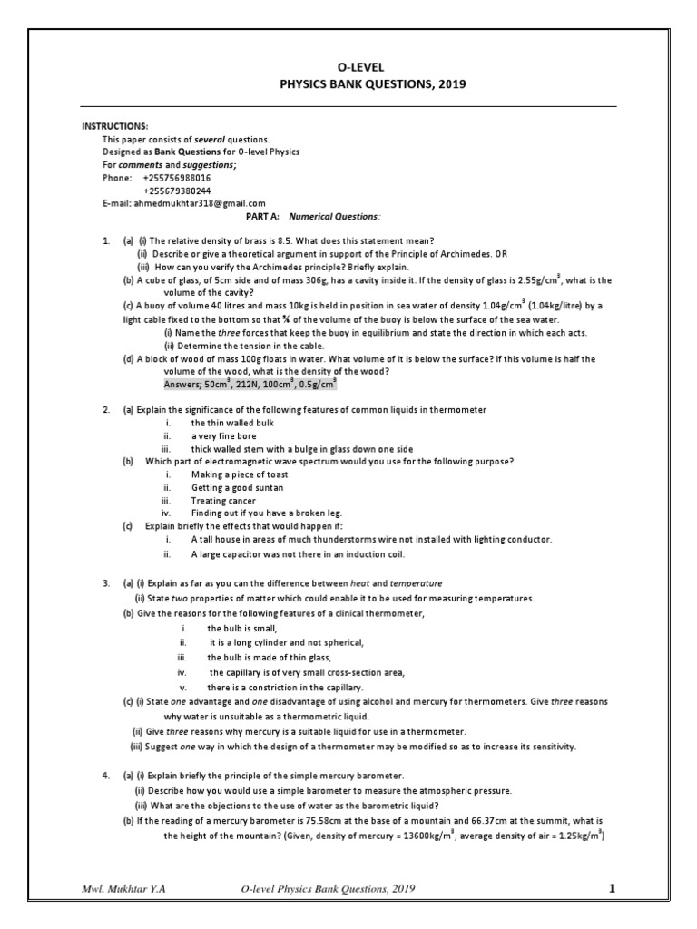O-Level Physics Bank Questions, 2019 PDF | PDF | Gases | Heat