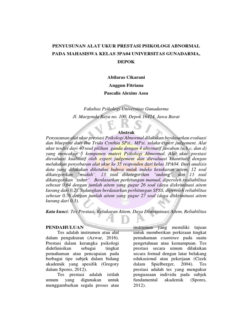 Penyusunan Alat Ukur Prestasi Psikologi Abnormal Pada Mahasiswa Kelas 3pa04 Universitas ...
