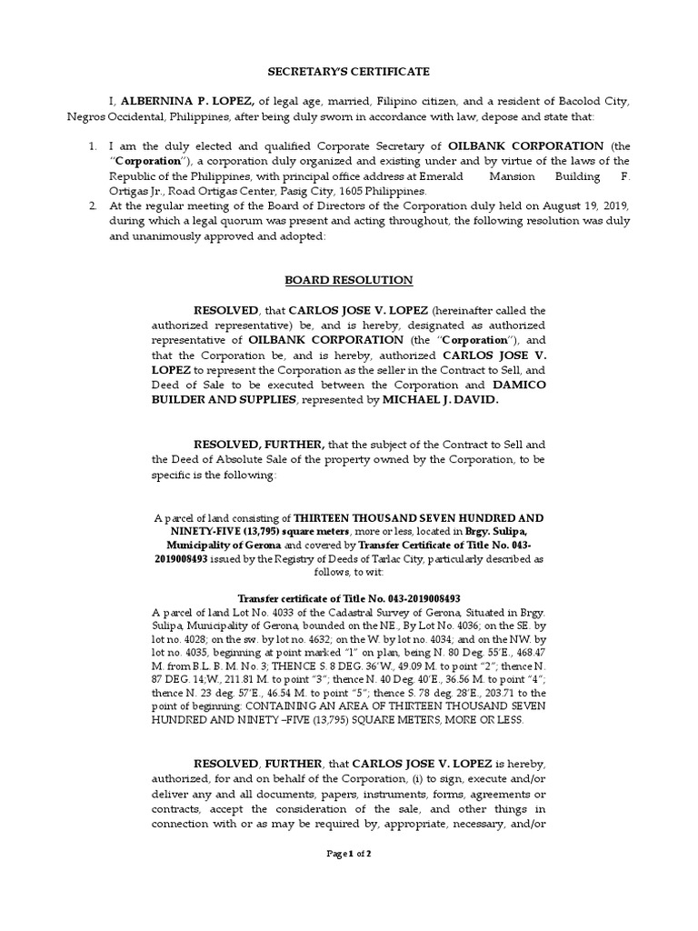 Sample Sec Cert | PDF | Civil Law (Common Law) | Government