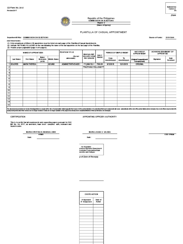 CS Form No. 34 A Plantilla of Casual Appointment Regulated CTD | PDF ...