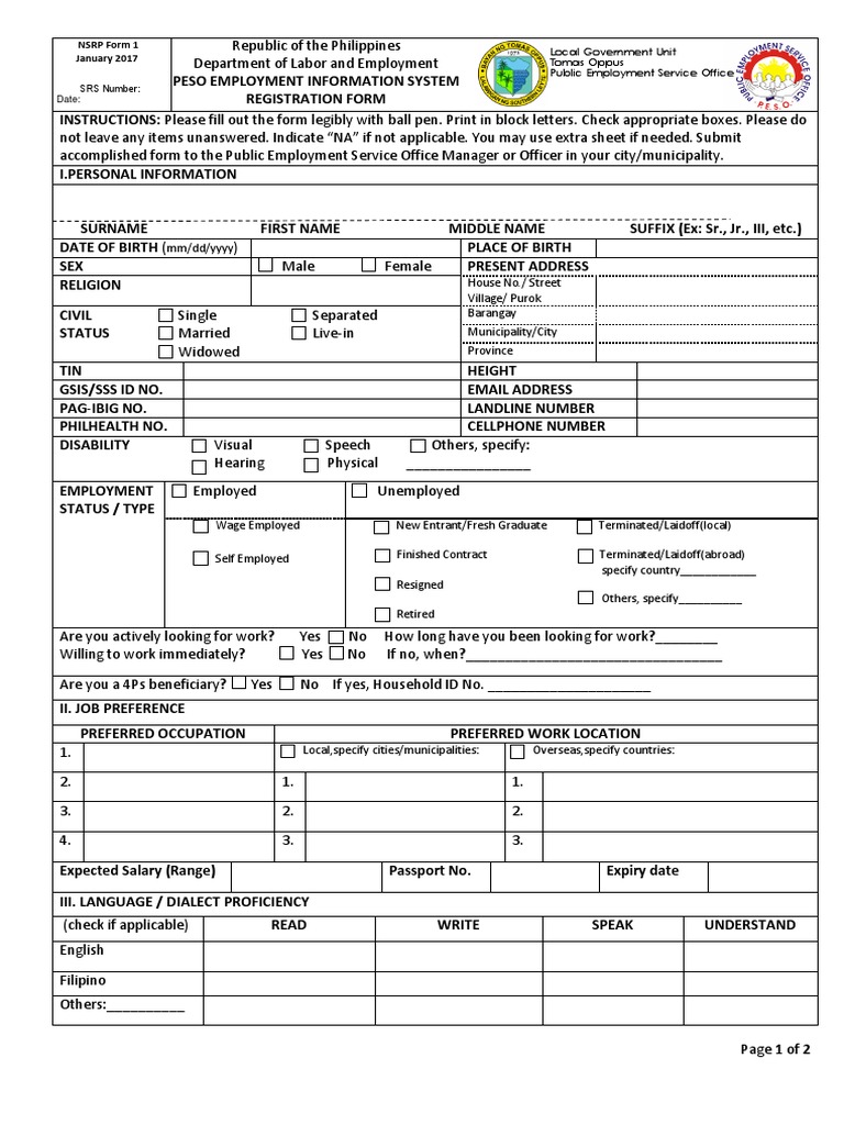 PESO Job Seeker Registration Form | PDF | Vocational Education | Employment