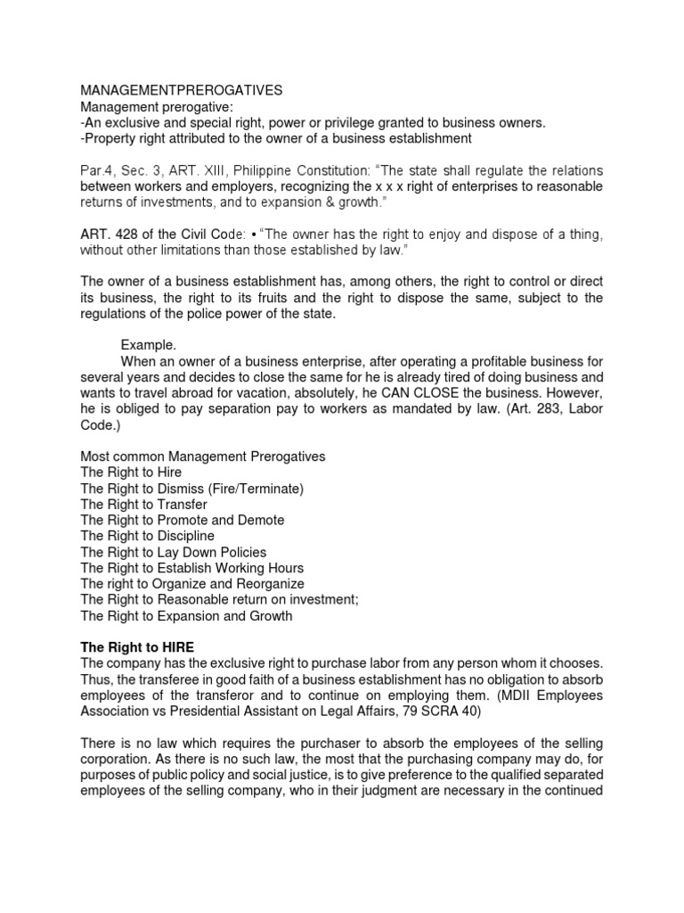 Management Prerogatives | PDF | Employment | Judgment (Law)
