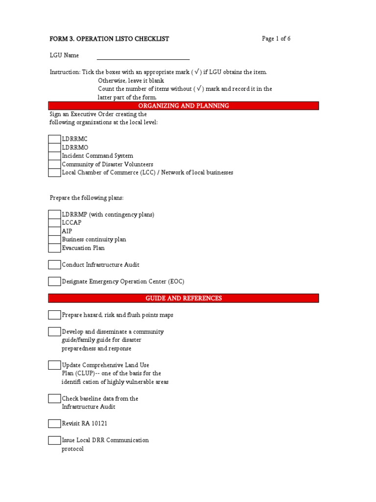 Operation Listo Checklist Form 3 | PDF | Emergency Evacuation ...