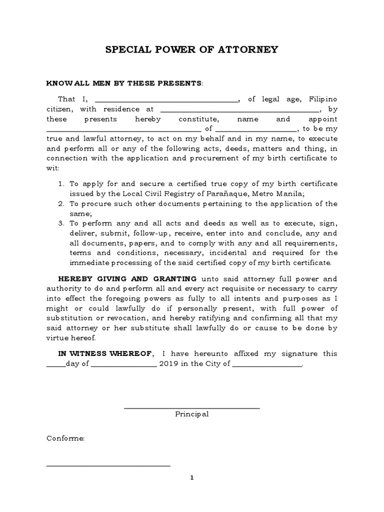 SPA Sample | PDF | Power Of Attorney | Birth Certificate