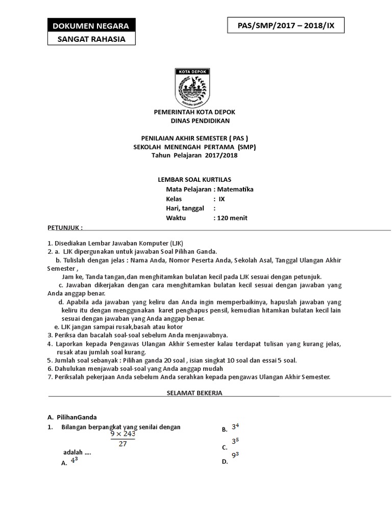 Soal Pas MTK KLS 9 K-13 TH 17-18 | PDF