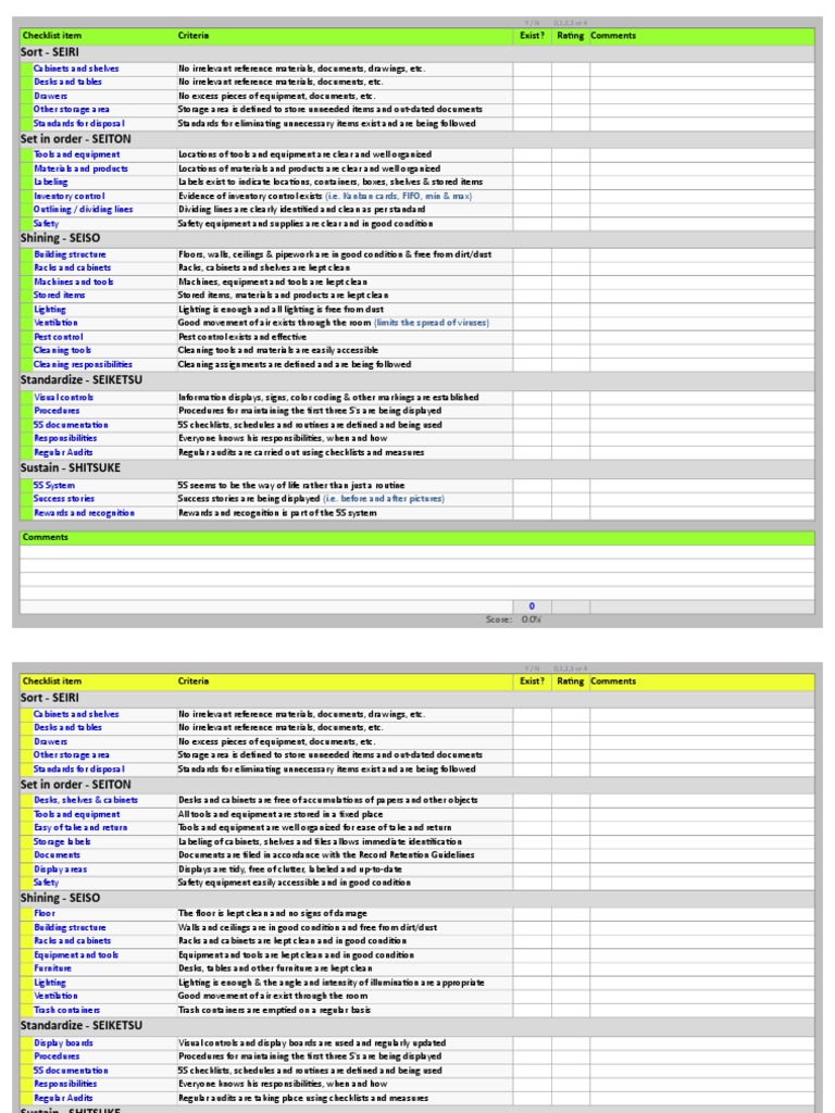 5S Workplace Organization Checklist | PDF | Cabinetry | Desk
