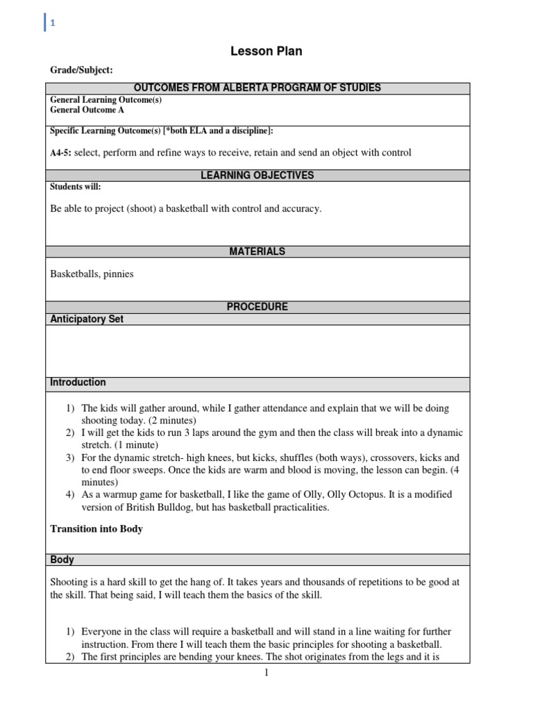 Basketball Shooting Lesson Plan | PDF | Lesson Plan | Behavior Modification