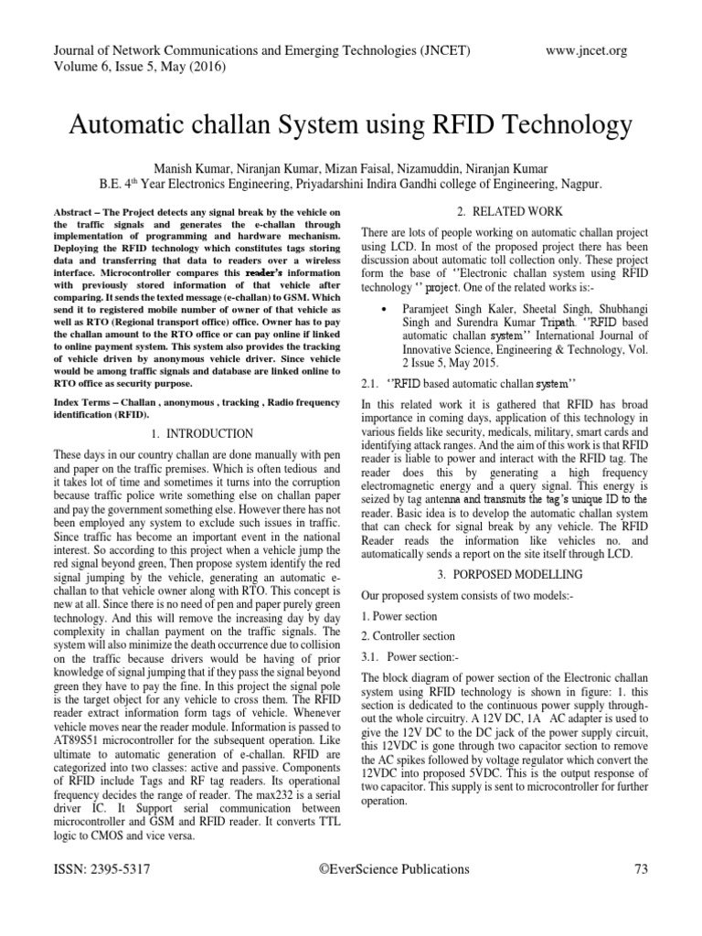 Automatic E-Challan Generation Using RFID | PDF | Radio Frequency ...