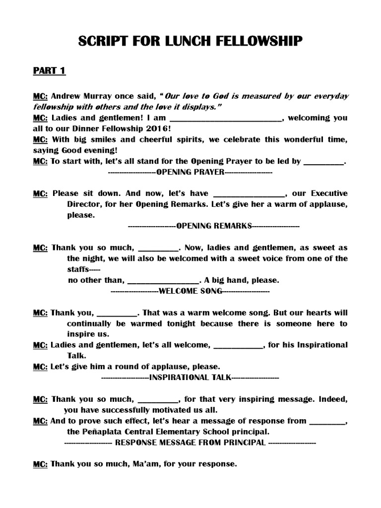 SCRIPT For The LUNCH Fellowship 2017 | PDF